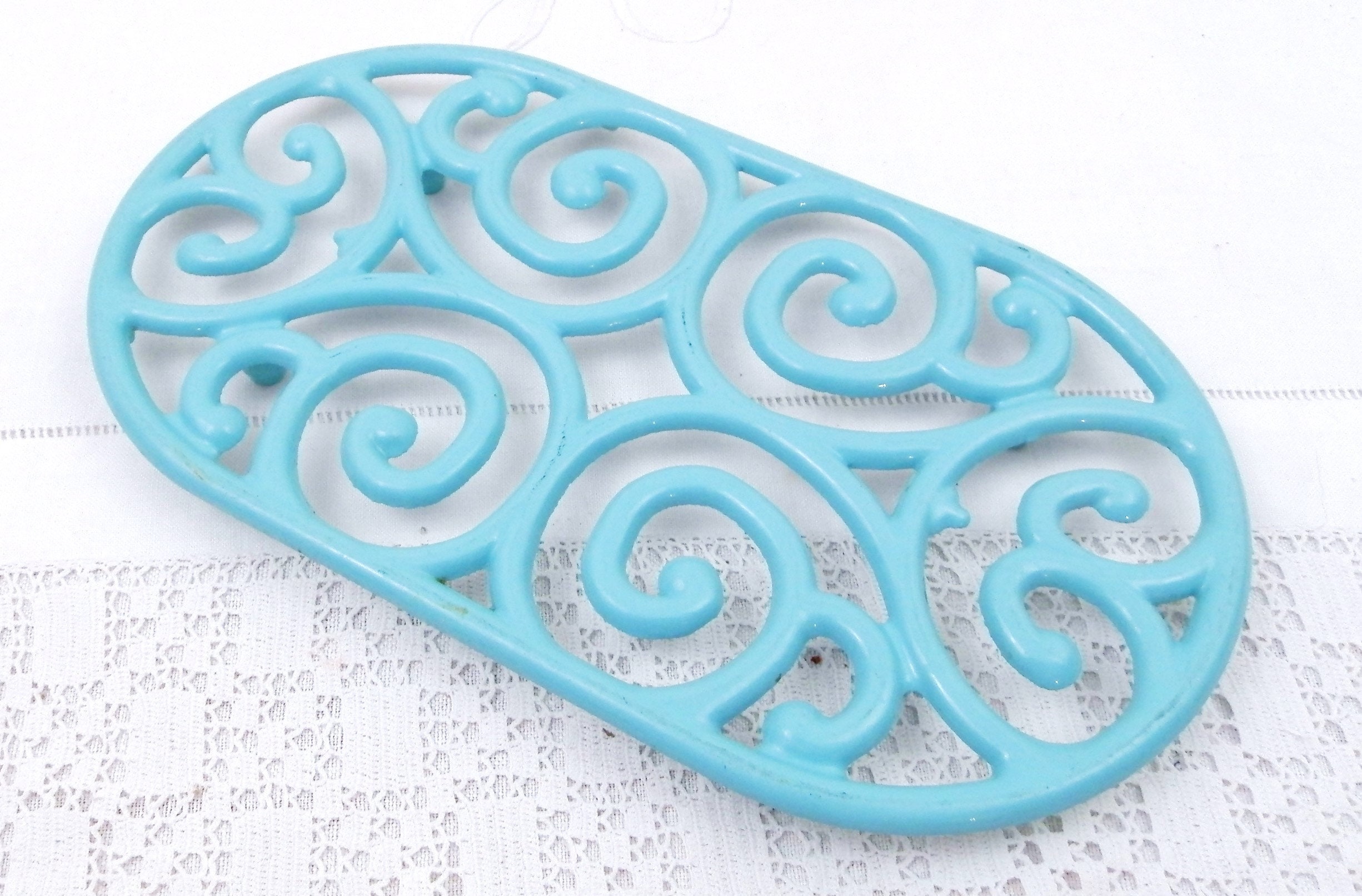 Large Vintage French Oval Turquoise Blue Enameled Metal Trivet, Big ...