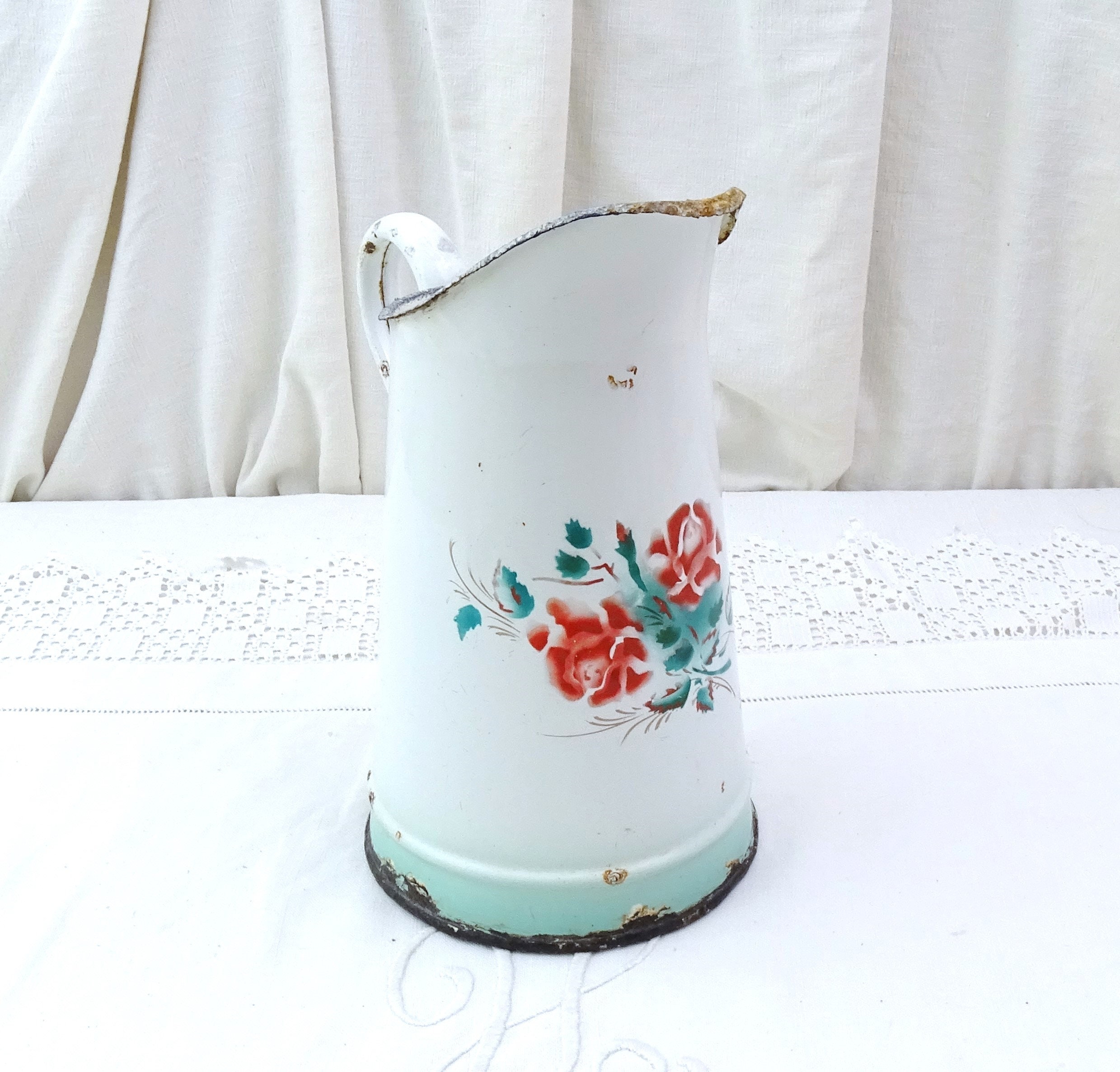 Antique French White Metal Enamelware Water Pitcher with Red Rose ...