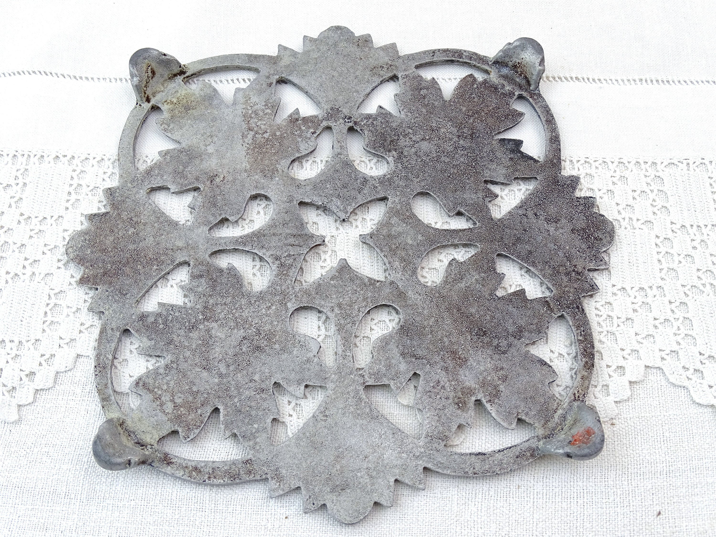 Vintage French White Metal Kitchen Trivet with Cut Out Design, Retro ...