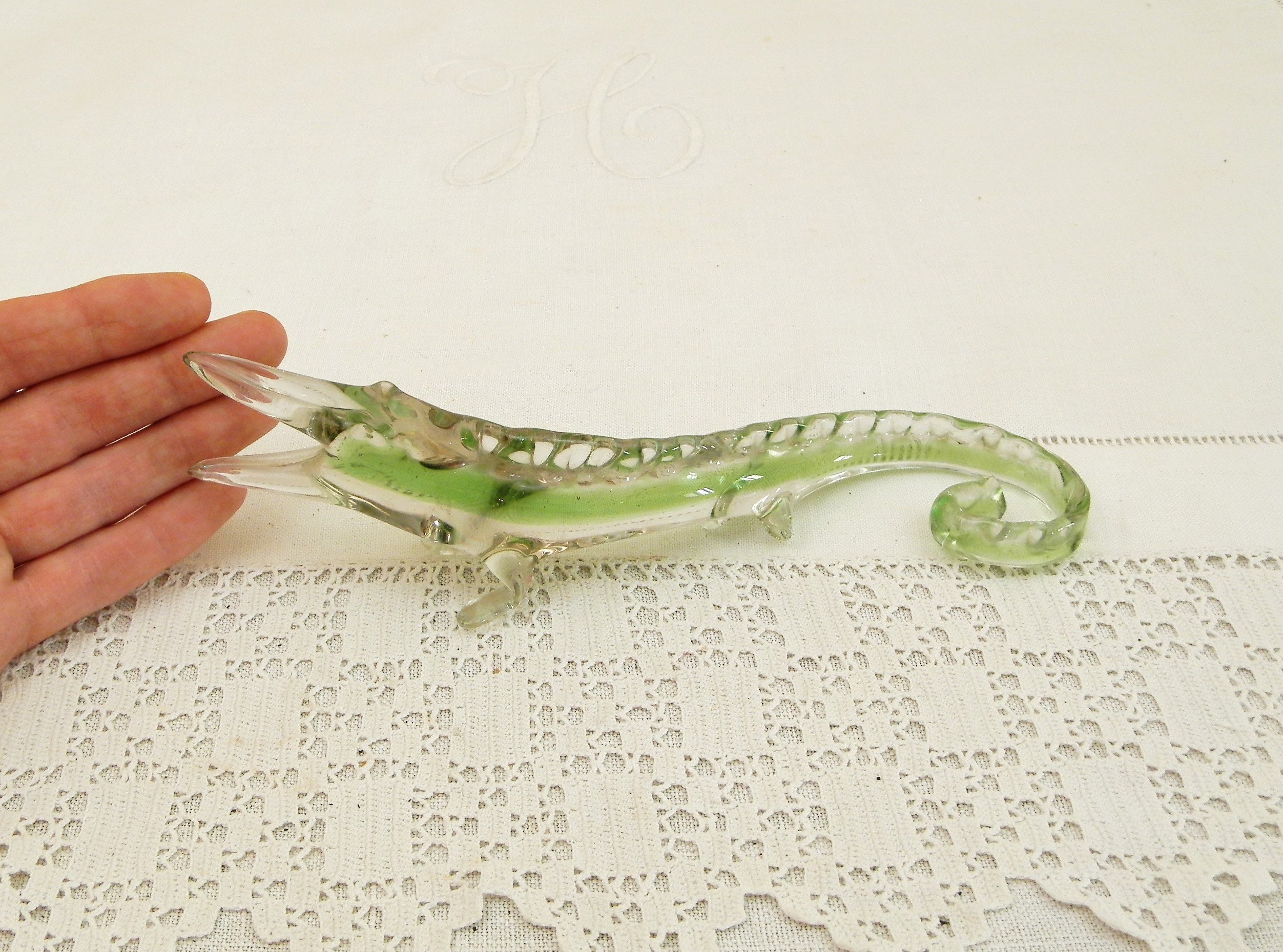 Vintage Hand Made Murano Style Alligator, Retro Clear and Green Glass ...