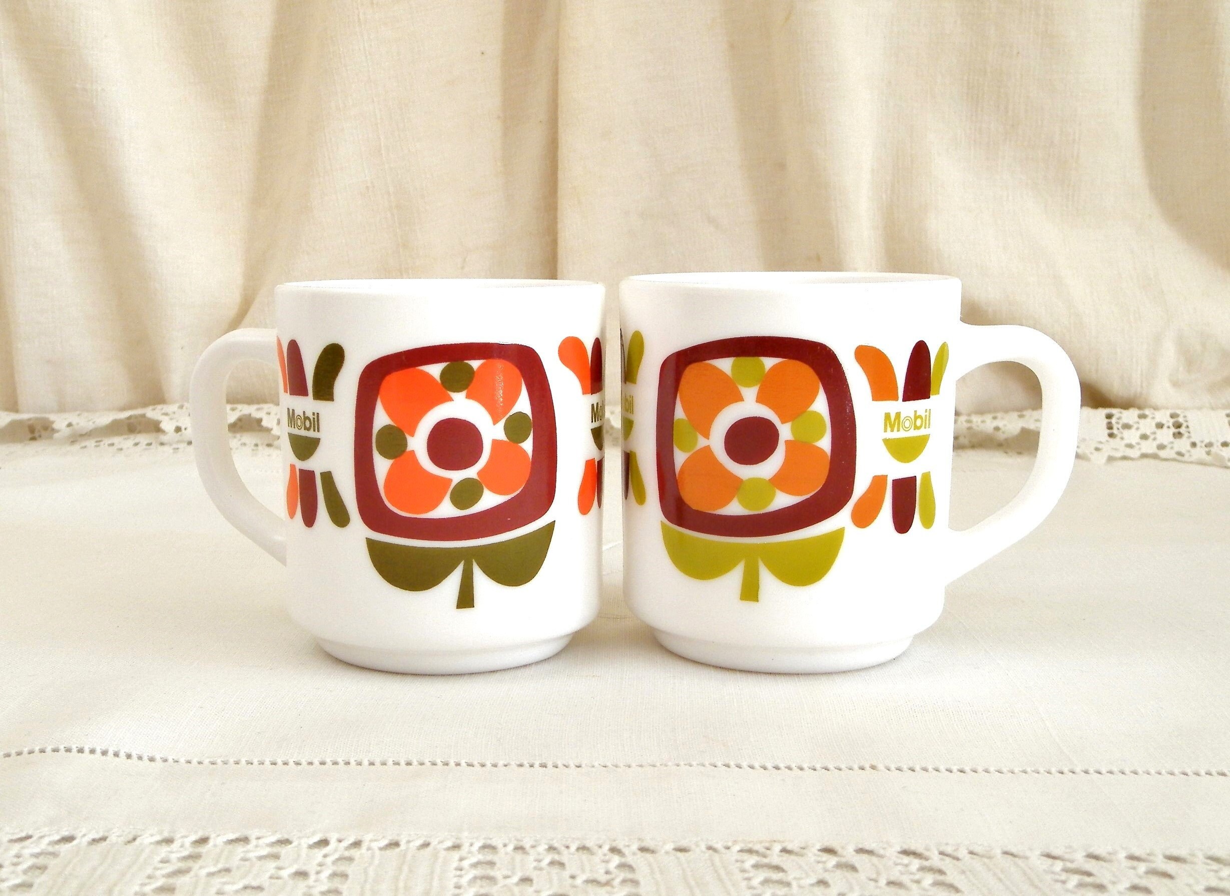 2 Vintage French 1970s White Milk Glass Coffee Mugs Promotional Gift by ...