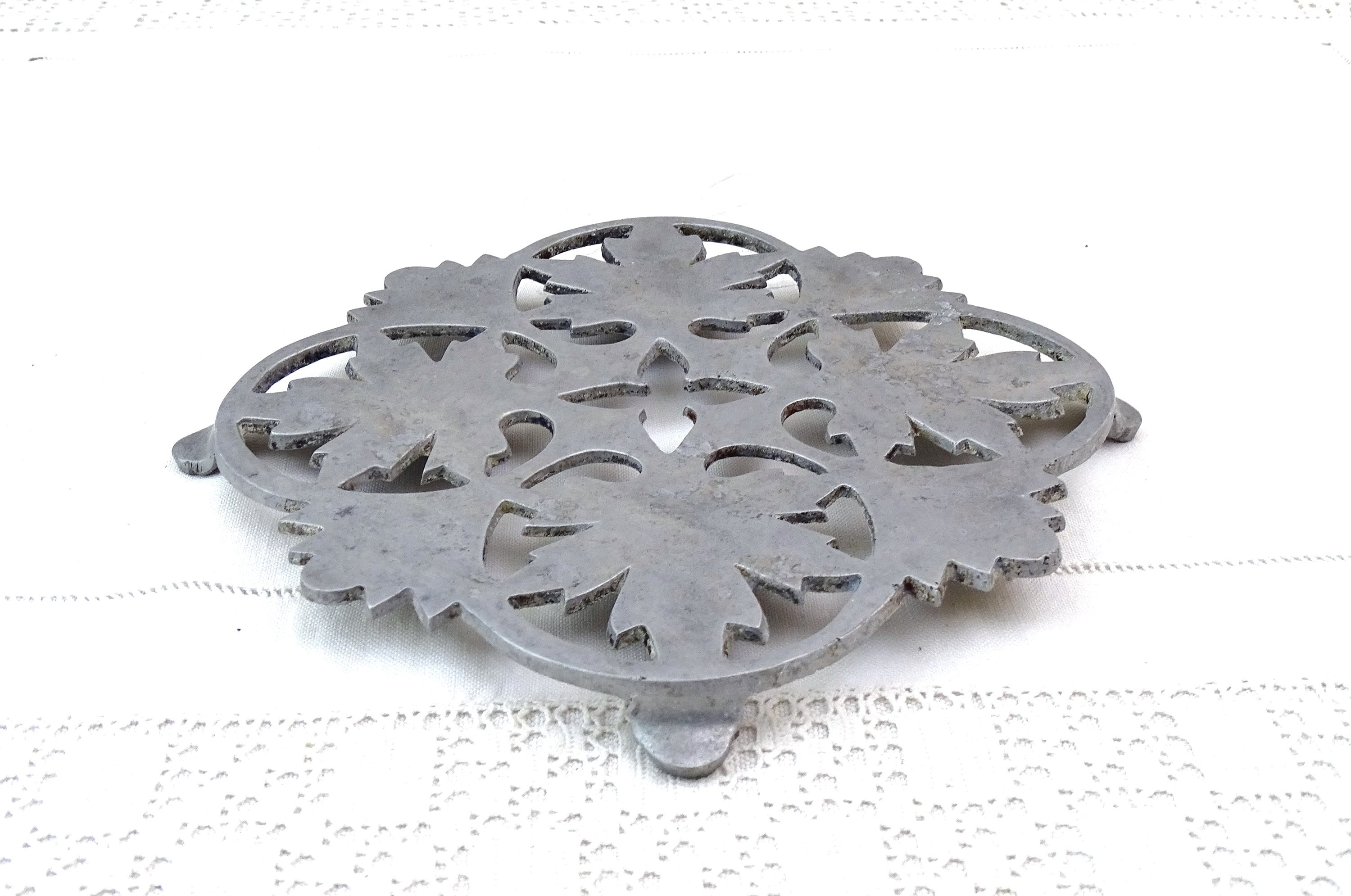 Vintage French White Metal Kitchen Trivet with Cut Out Design, Retro ...