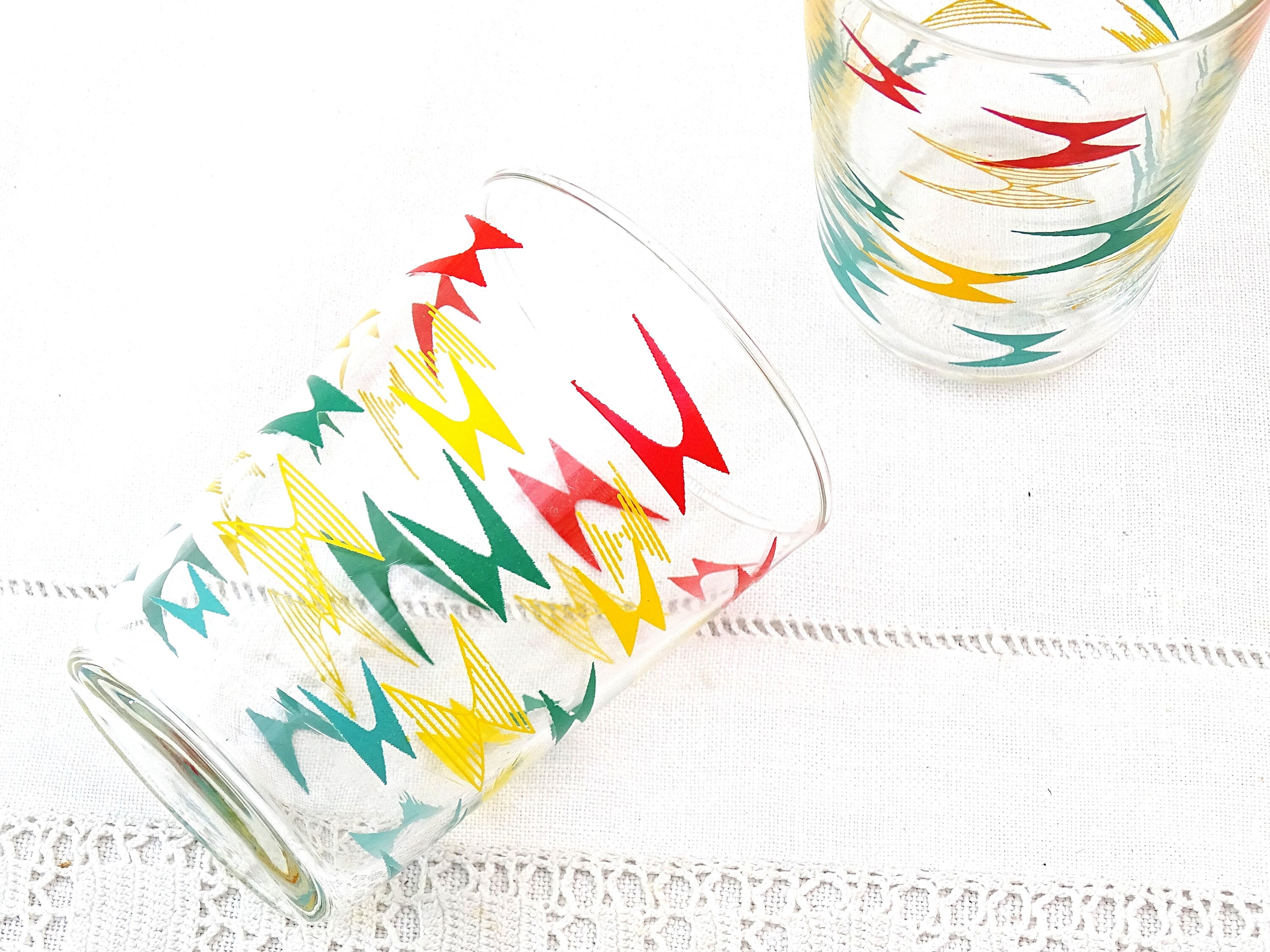 Set of 2 Vintage French 1950s Colorful Printed Atomic Design Glass ...
