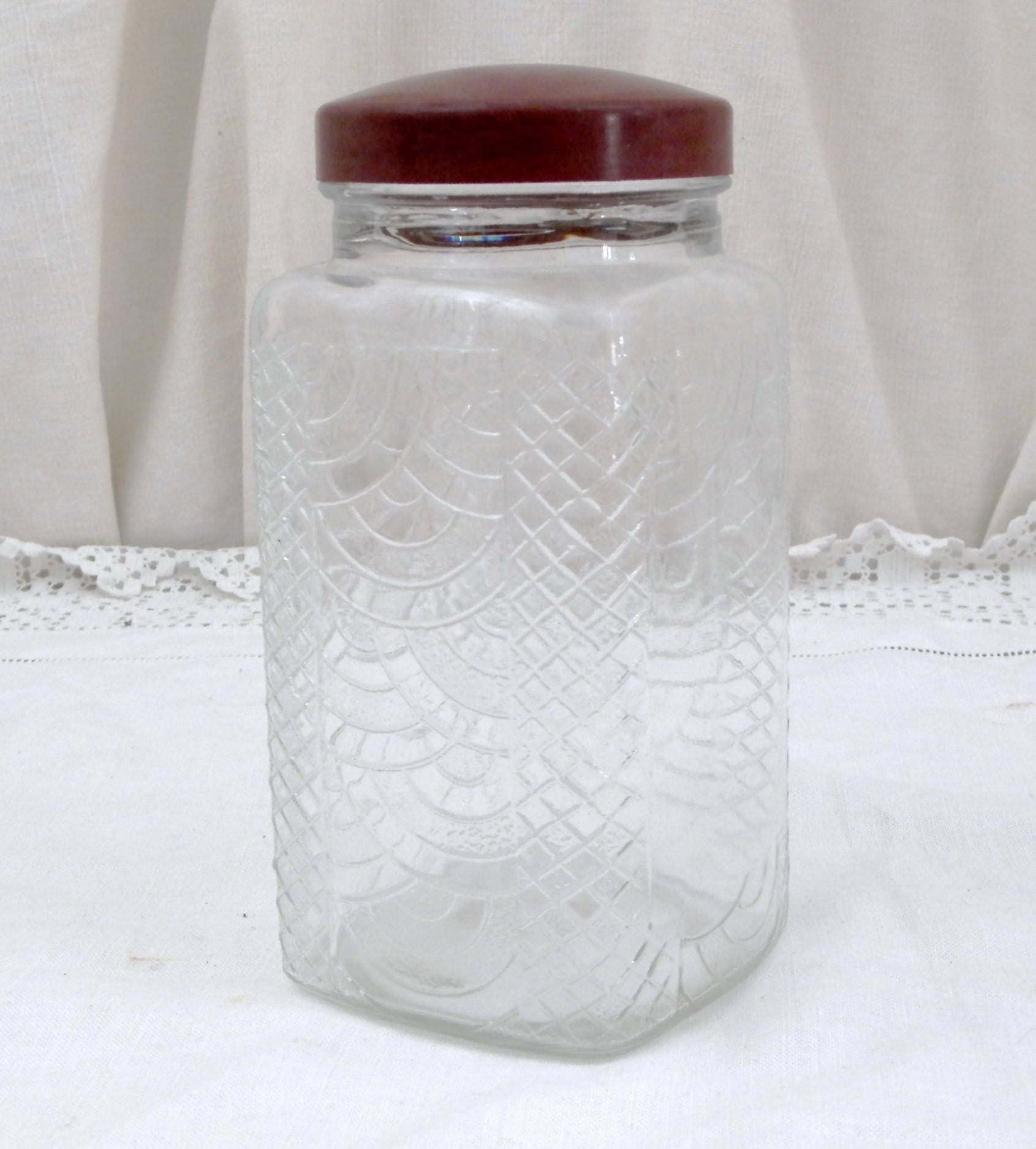Square Vintage Art Deco 1930s Design Pattern Glass Jar with Bakelite ...