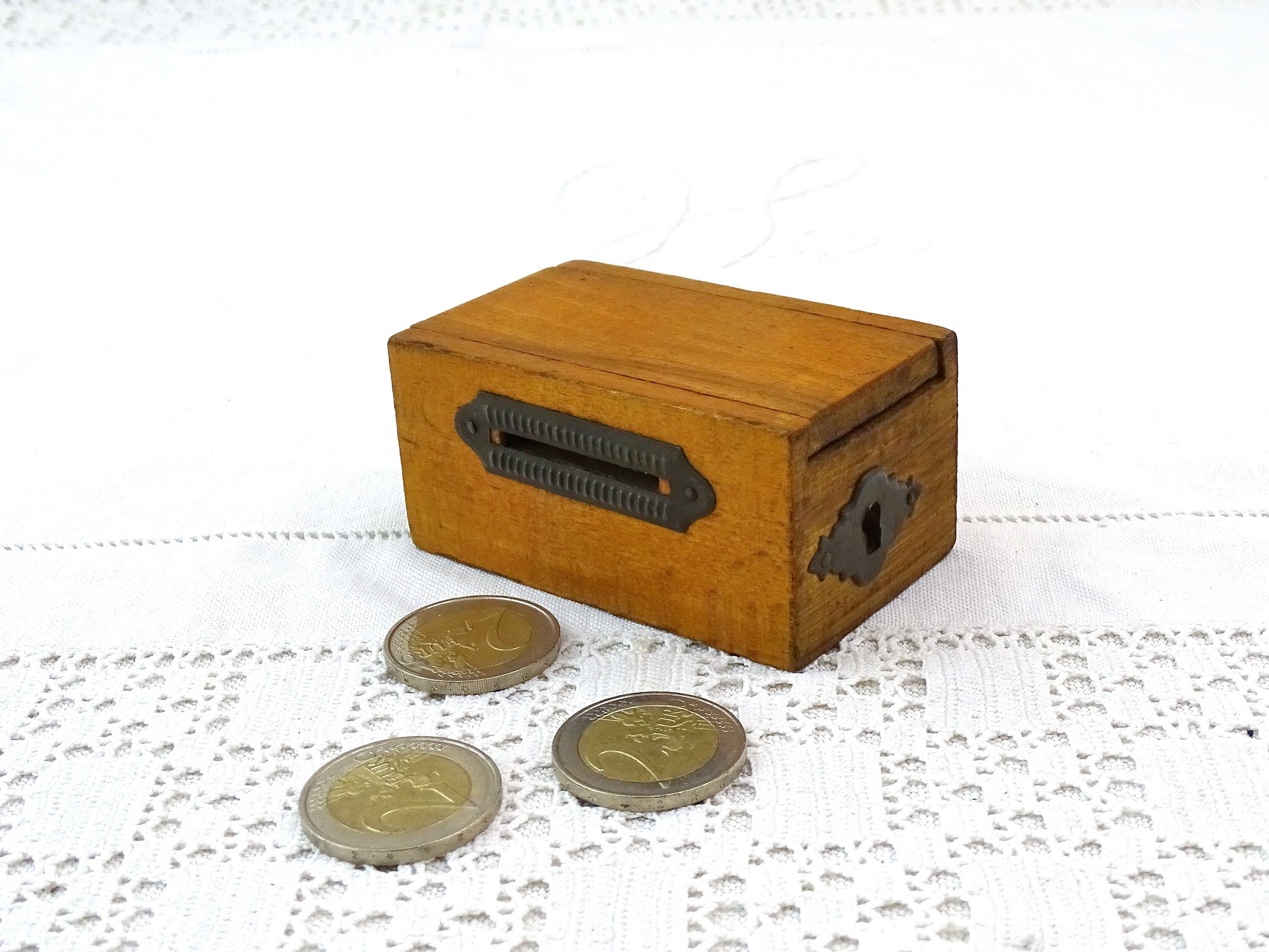 Small Antique French Wooden Money Box with Sliding Lid, Retro Little ...