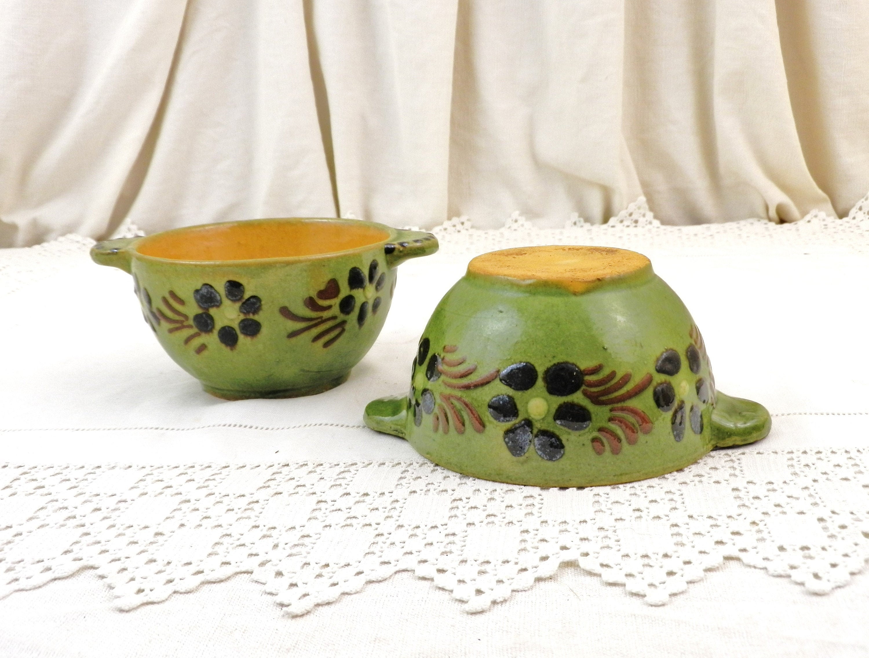2 French Vintage Coffee Bowls with Ears and Slip Trailing Patterns ...