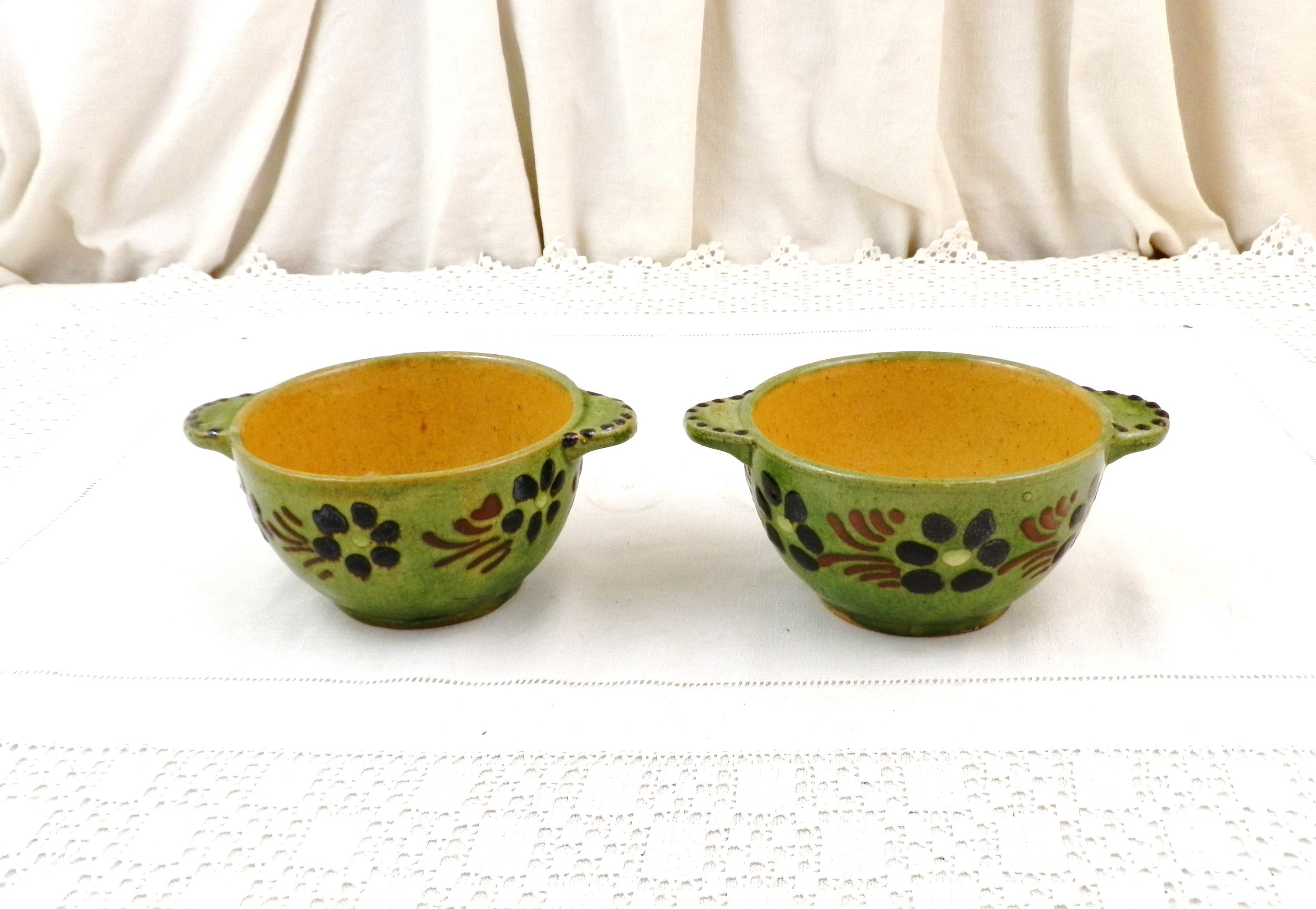 2 French Vintage Coffee Bowls with Ears and Slip Trailing Patterns ...
