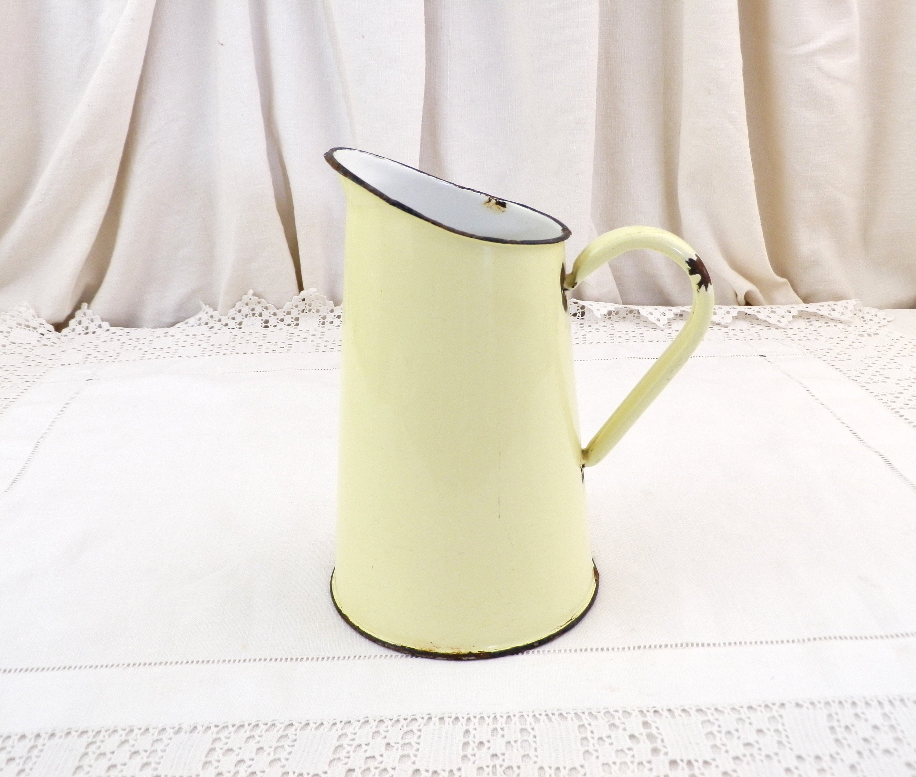 French Vintage Yellow Chippy Enamelware Water Pitcher, Retro Enamel Jug ...