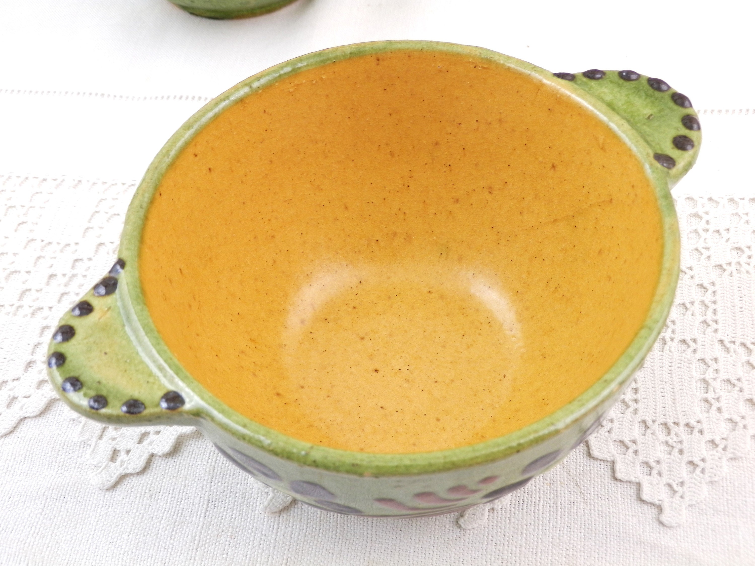 2 French Vintage Coffee Bowls with Ears and Slip Trailing Patterns ...