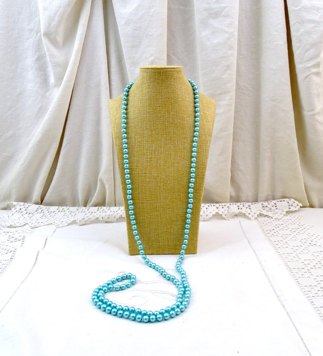 Very Long Vintage Pale Blue Faux Pearl Knotted Beaded Necklace, Retro ...