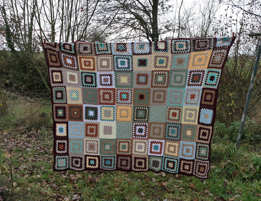 Vintage French Crocheted Squares Colorful Woolen Blanket, Crochet ...