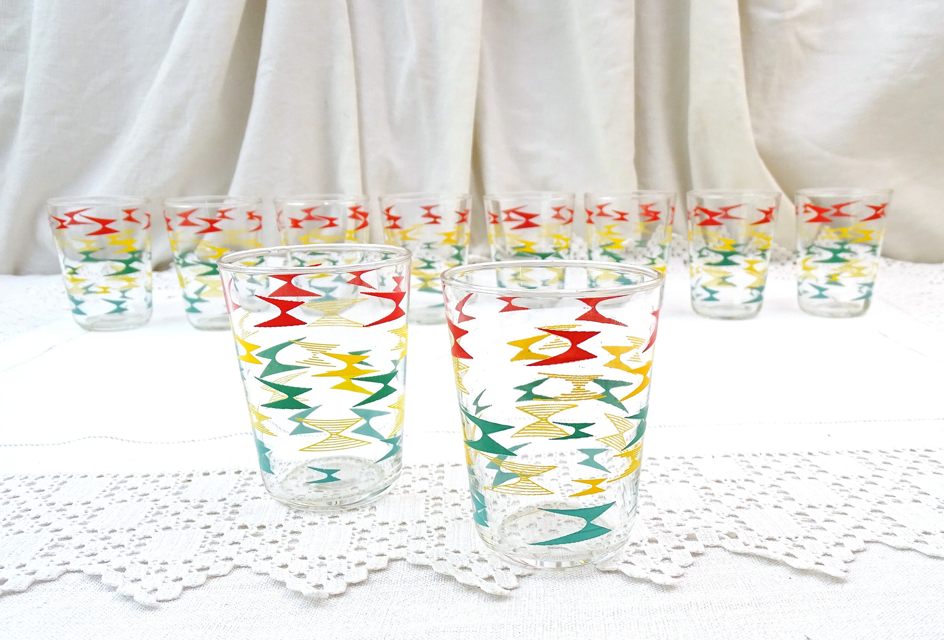 Set of 2 Vintage French 1950s Colorful Printed Atomic Design Glass ...