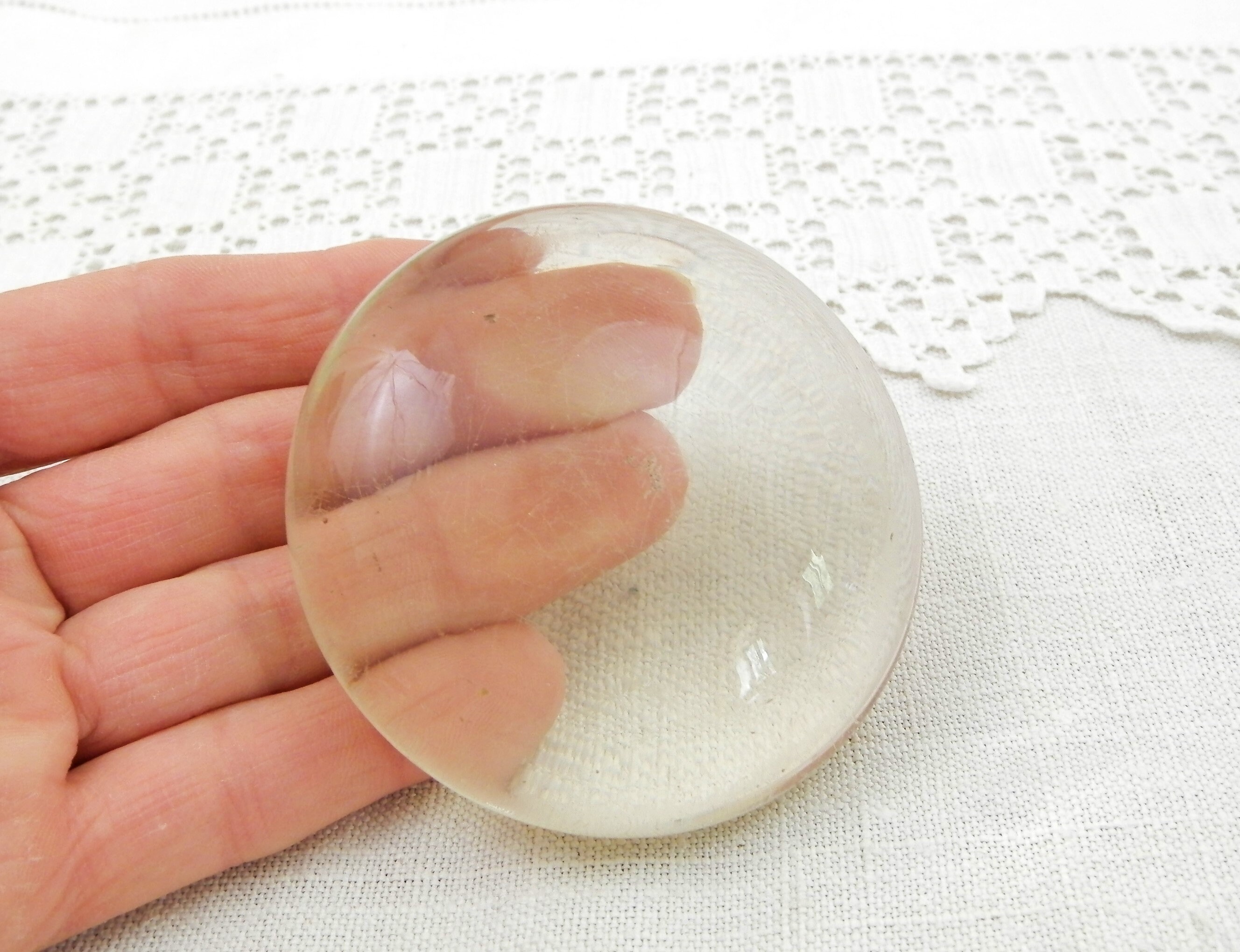 Antique Round Flat Clear Glass Paper Weight from France, Magnifying ...