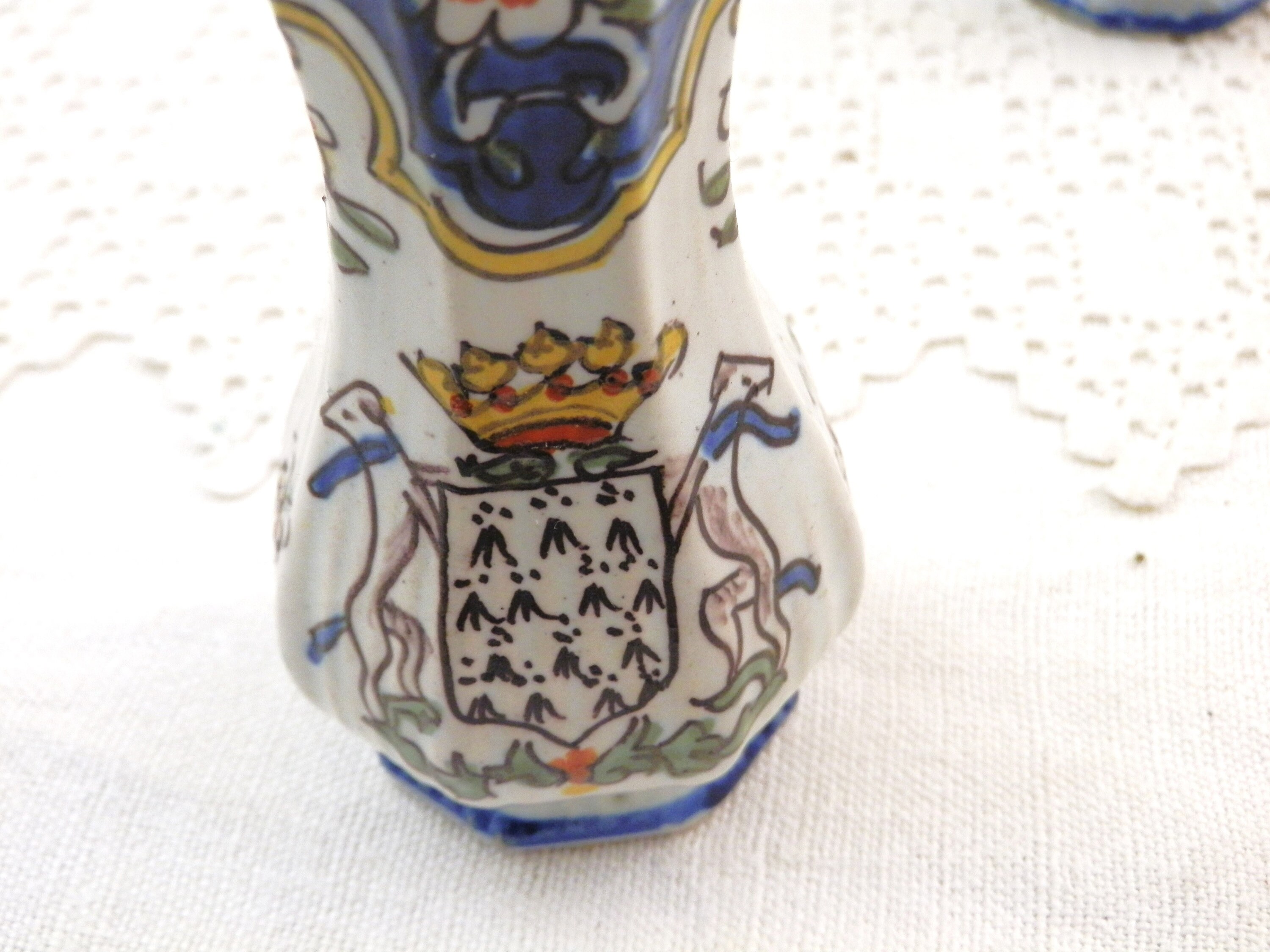 2 Small Antique Hand Painted Faience de Rouen Posy Vases with the ...