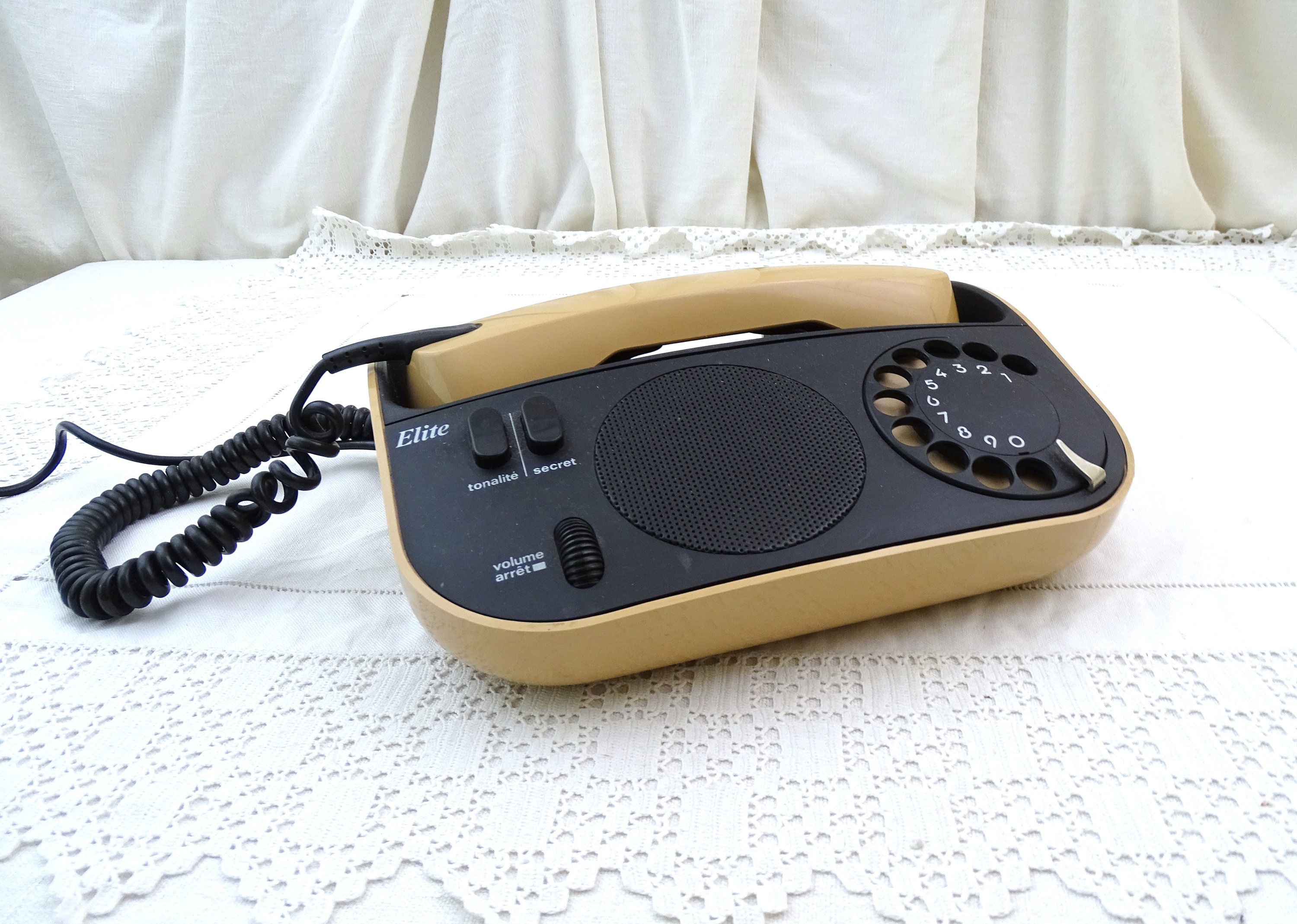 Vintage French 1980s Elite Land Line Telephone with Round Dial in Black ...