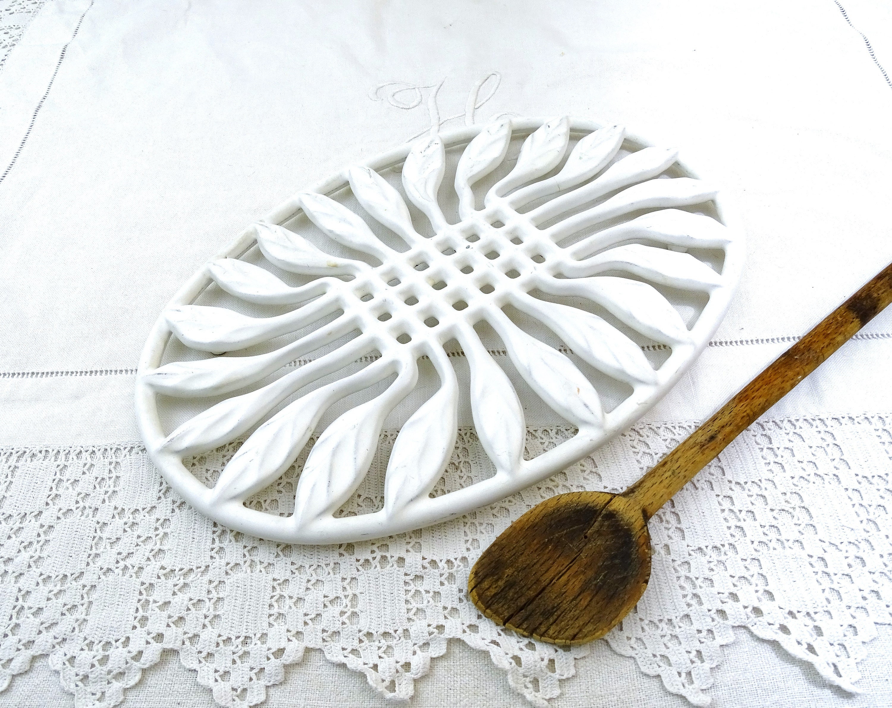 Large Vintage French Oval White Enameled Cast Iron Trivet by Invicta ...