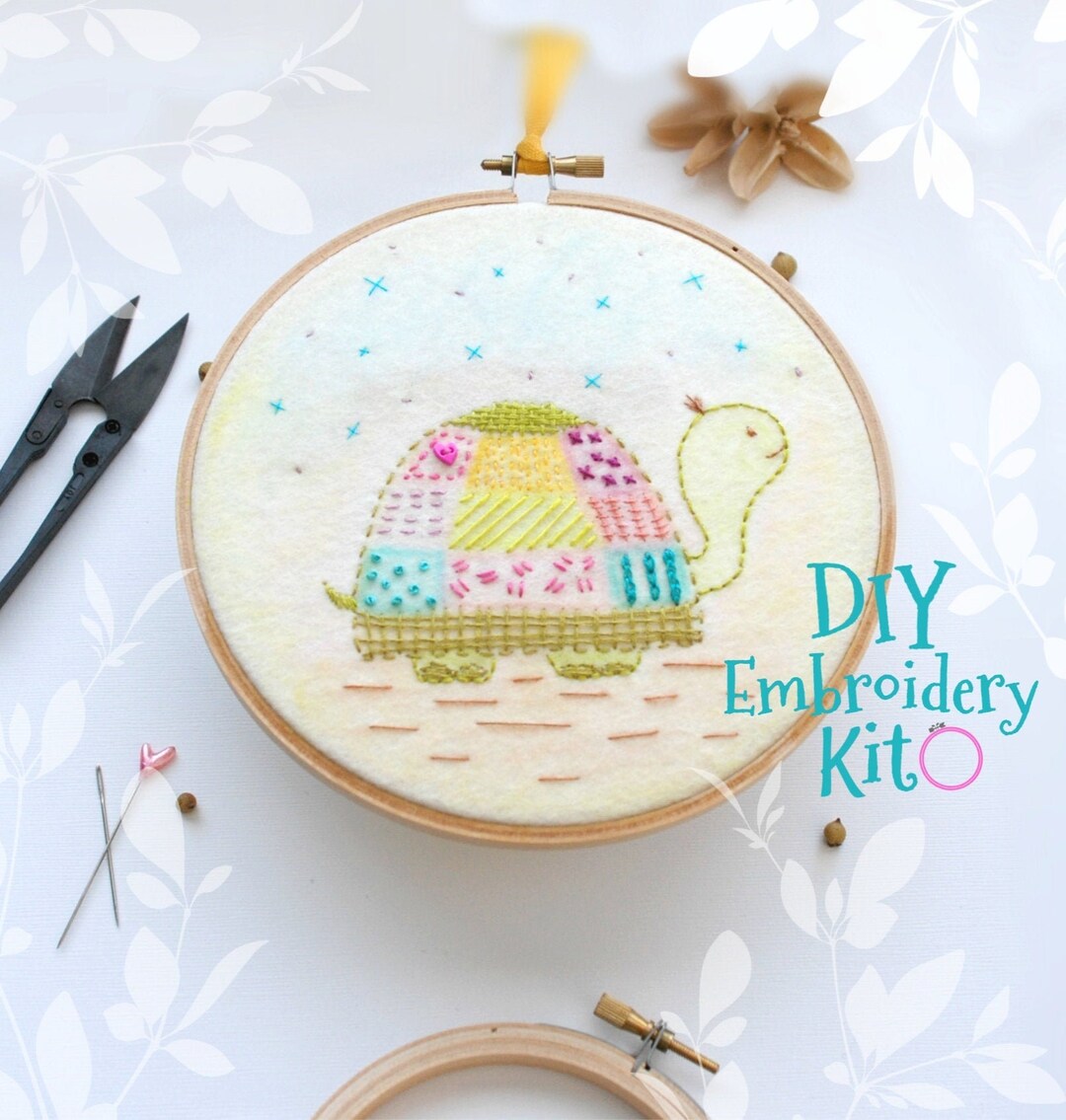 Turtle Embroidery Kit: Beginner DIY Stitching Sampler - Iron on Pattern ...