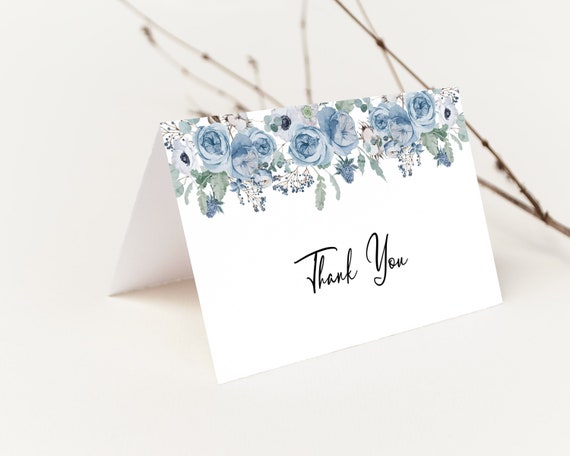 Misty Blue Wedding Thank You Cards, Folded Cards Template, Garden Roses ...