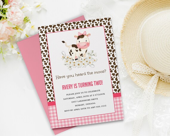 Girl Cow Birthday Invitation, Farm Cow, Birthday Invitation Template ...