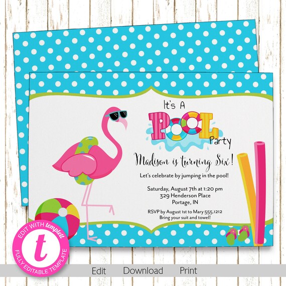 Flamingo Pool Party Invitation | Kids Birthday | Printable Editable ...