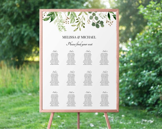 Greenery Wedding Seating Chart, Green Leaf, Seating Chart Template ...