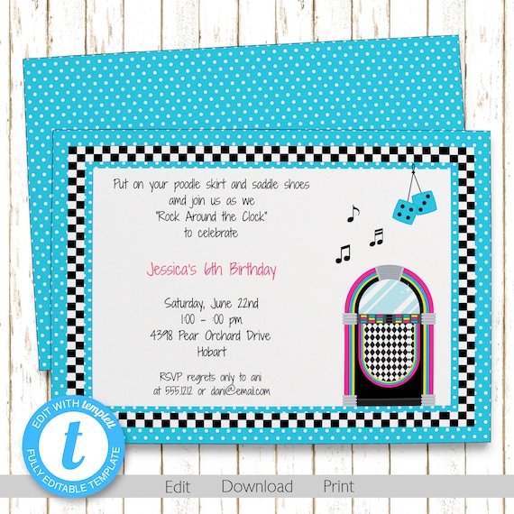 Sock Hop Invitation | 50's Sock Hop Birthday | Printable Editable ...