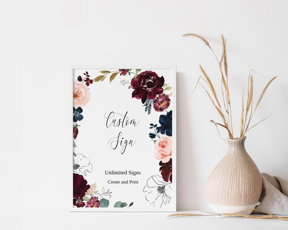 Custom Wedding Sign Template, Opulent Burgundy & Blush, Unlimited Signs ...