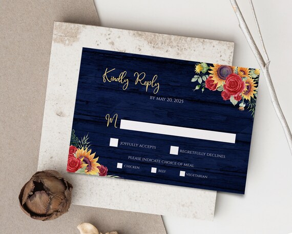 Sunflowers & Roses RSVP Card, Navy RSVP Template, Wedding RSVP Card Template, Editable Text ...