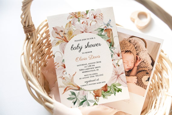 Lilies Baby Shower Invitation, Jardin Lily Floral, Baby Shower Template ...