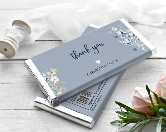 Blue Floral Wedding Candy Wrapper, Candy Bar Wrapper Template, Dusty ...