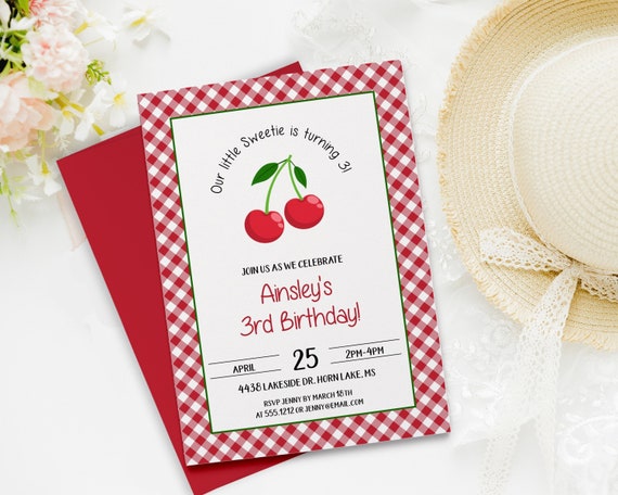 Cherry Birthday Invitation, Birthday Template, Cherry Party, Editable ...