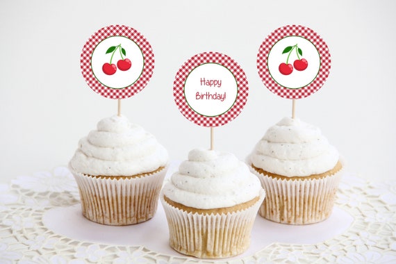 Cherry Cupcake Toppers, Cherry Party Cupcake Circle Template, Editable ...