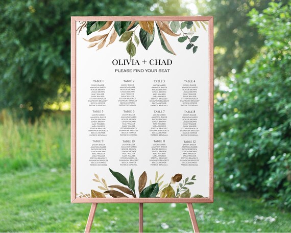 Magnolia Leaves Wedding Seating Chart, Seating Chart Template, Seating ...