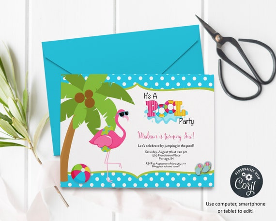 Flamingo Pool Party Invitation | Kids Birthday | Printable Editable ...