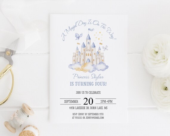 Princess Castle Birthday Invitation, Princess Blue Castle Birthday ...