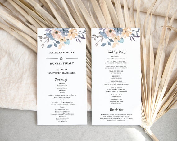 Dusty Blue Slim Wedding Program, Blue Floral, Printable Wedding Program ...