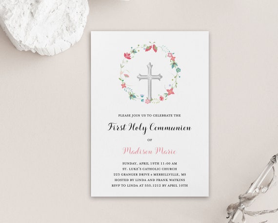 Floral Cross Communion Invitation, First Communion Template, Printable ...