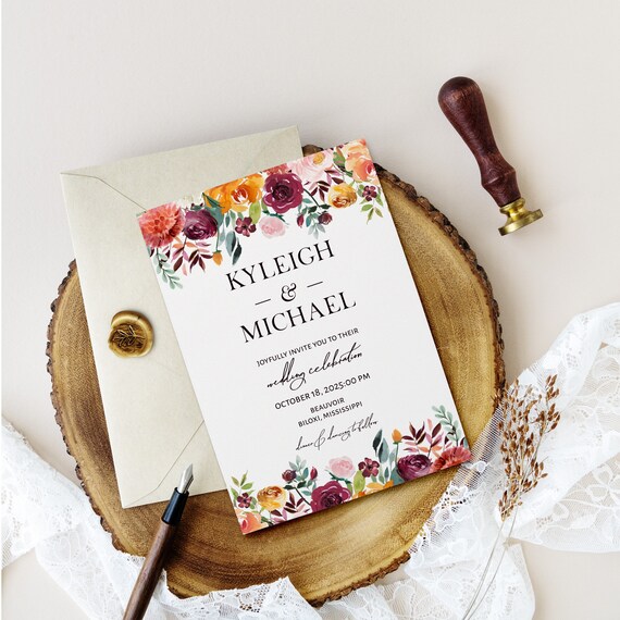 Paprika Floral Wedding Invitation, Wedding Invitation Template, Fall ...