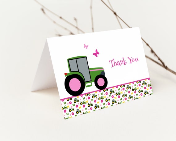 Pink Tractor Thank You Cards, Folded Card Template, Printable Editable ...
