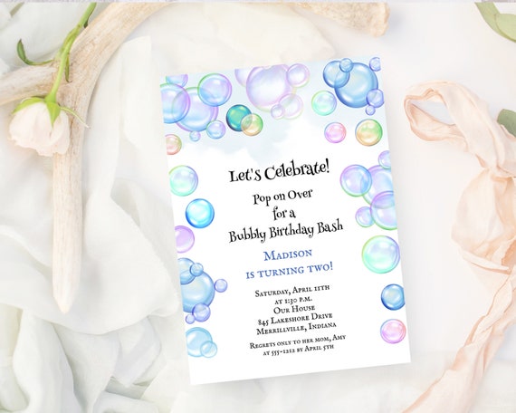 Bubbles Birthday Invitation, Bubble Party Birthday Template, Editable ...