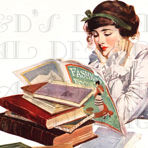 BOOKWORM. Cute Flapper is READING. Vintage Art Deco - Etsy