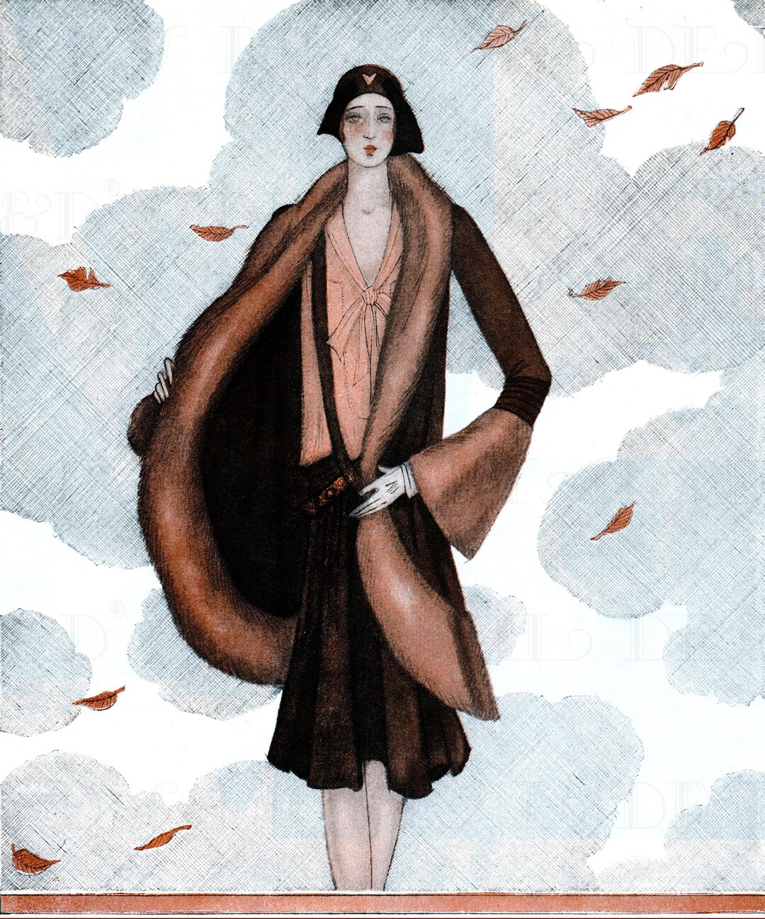 1920s Flapper in Fall Art Deco Illustration: Fashionable Vintage Print ...