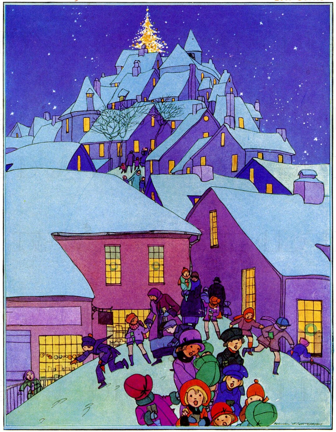 Festive Snowy Holiday Town Vintage Illustration: 1920s Magazine Cover ...