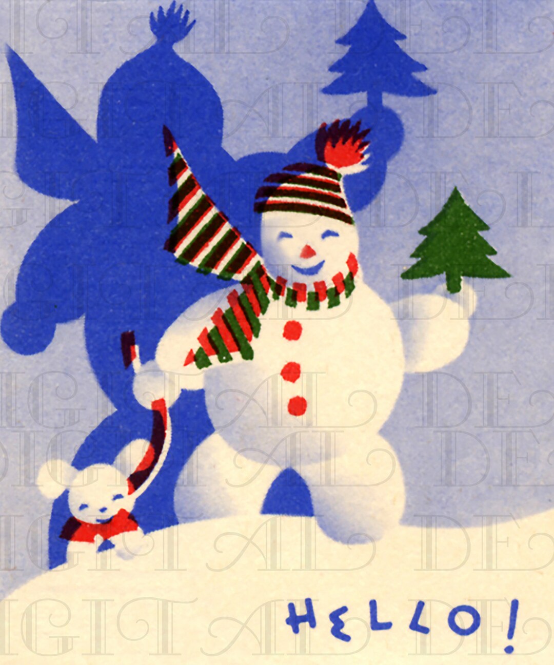 HELLO Snowman and His Doggie. Vintage Christmas/new Year ILLUSTRATION ...