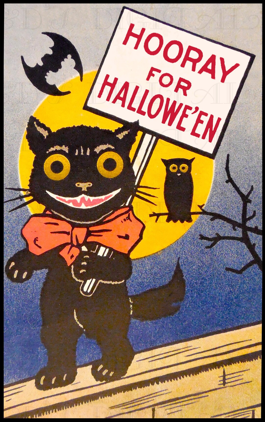 Hooray for HALLOWEEN! Vintage Black Cat Postcard Illustration: (digital ...