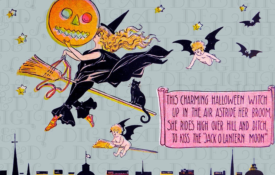 Modern FLAPPER Witch KISSES Jack O Lantern Moon Vintage HALLOWEEN ...