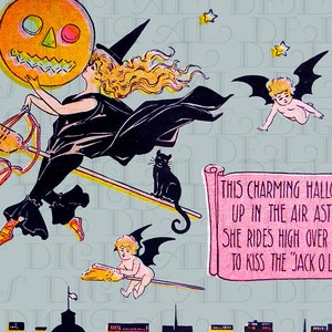 Modern FLAPPER Witch KISSES Jack O Lantern Moon Vintage HALLOWEEN ...