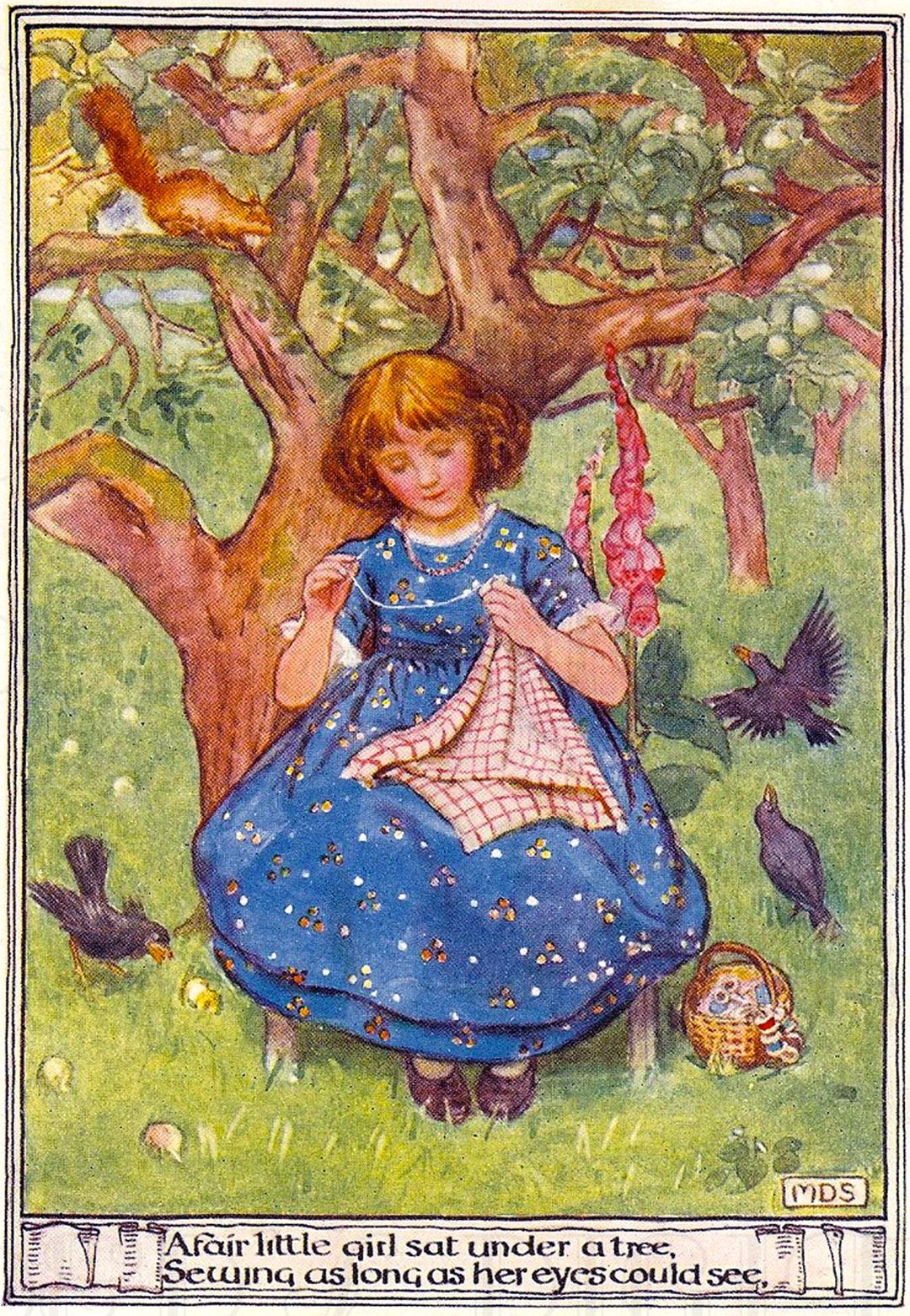 Vintage Child Illustration: Sewing Under Tree, Storybook Art (digital ...