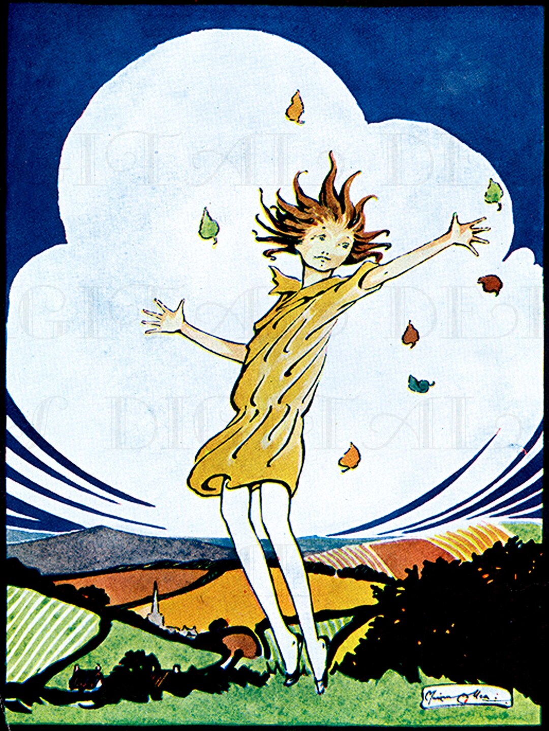 Vintage Autumn Illustration: Sprite Dancing in Leaves (digital Download ...