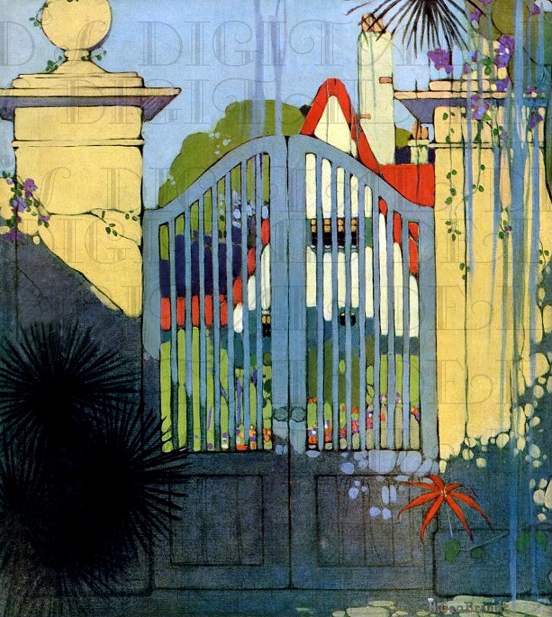 Vintage 1920s Cottage Illustration: Beckoning Garden Gates (digital ...